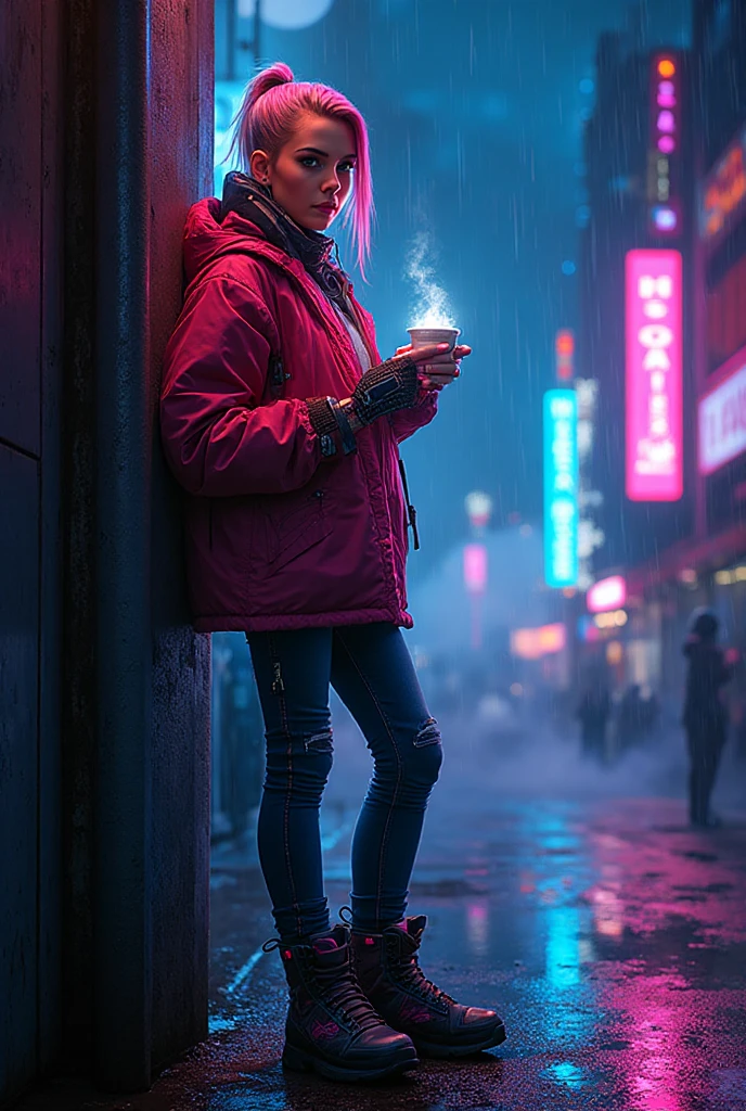 "Ultra-wide full-body portrait of a female cyborg standing against a ...