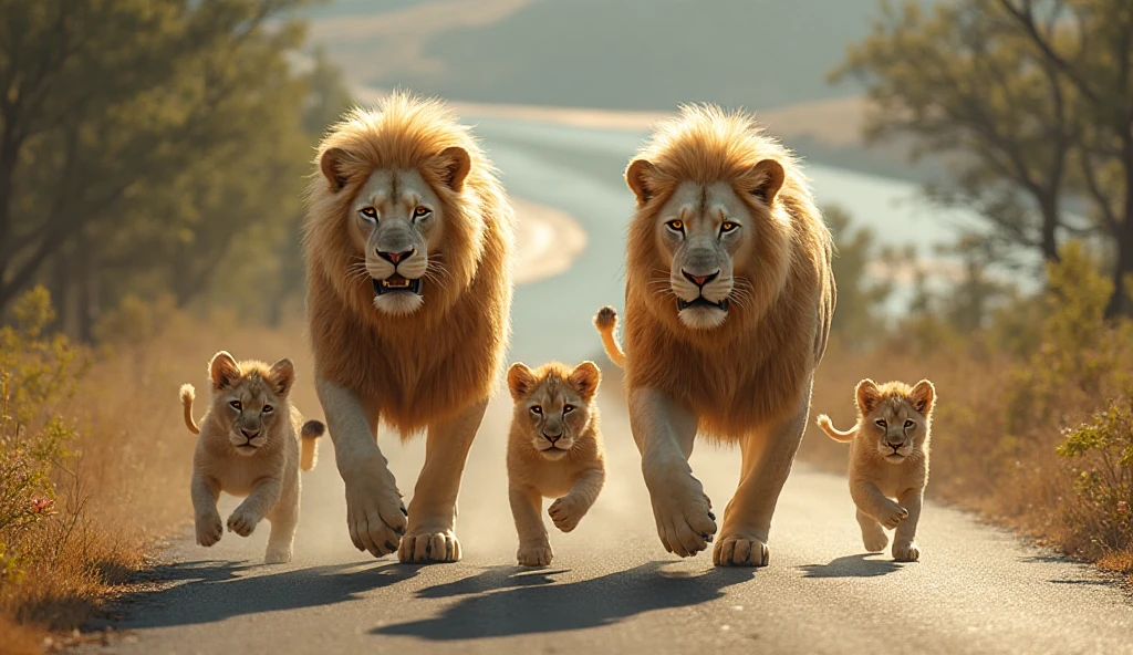 2 large pale lions and 3 cubs run together along the road and a river ...