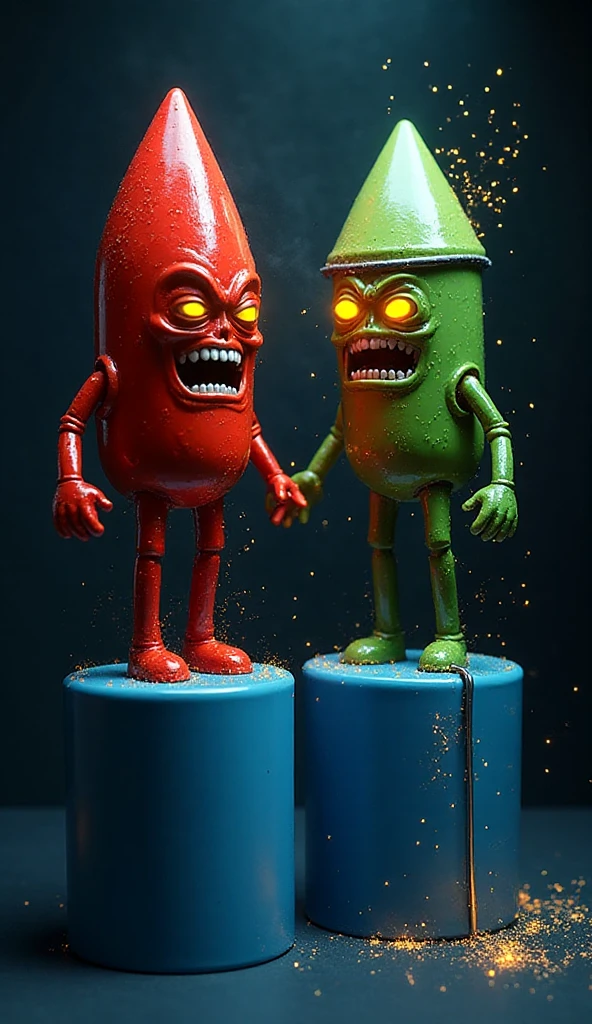 Firework-Head Duel Two humanoid fireworks characters stand on glossy ...