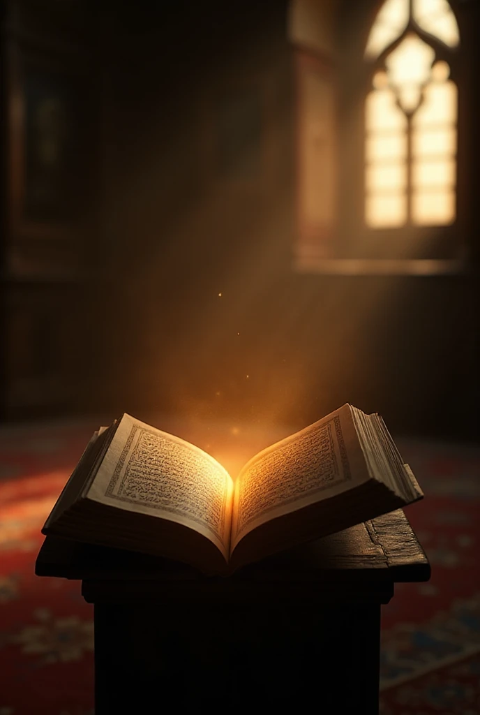 "A glowing open Quran placed on a wooden stand in a peaceful dimly lit ...