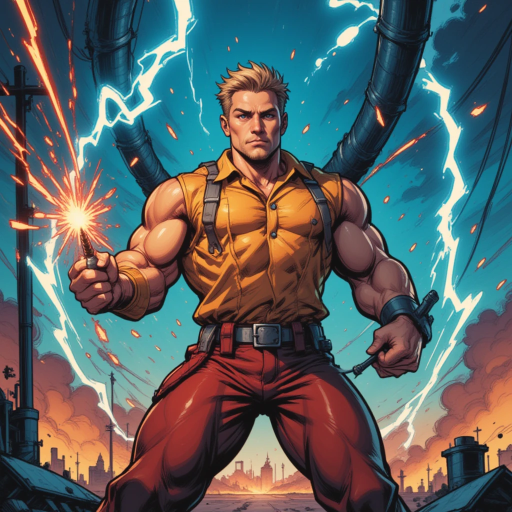 "Muscular electrician, heroic pose, holding a thick electric cable in ...