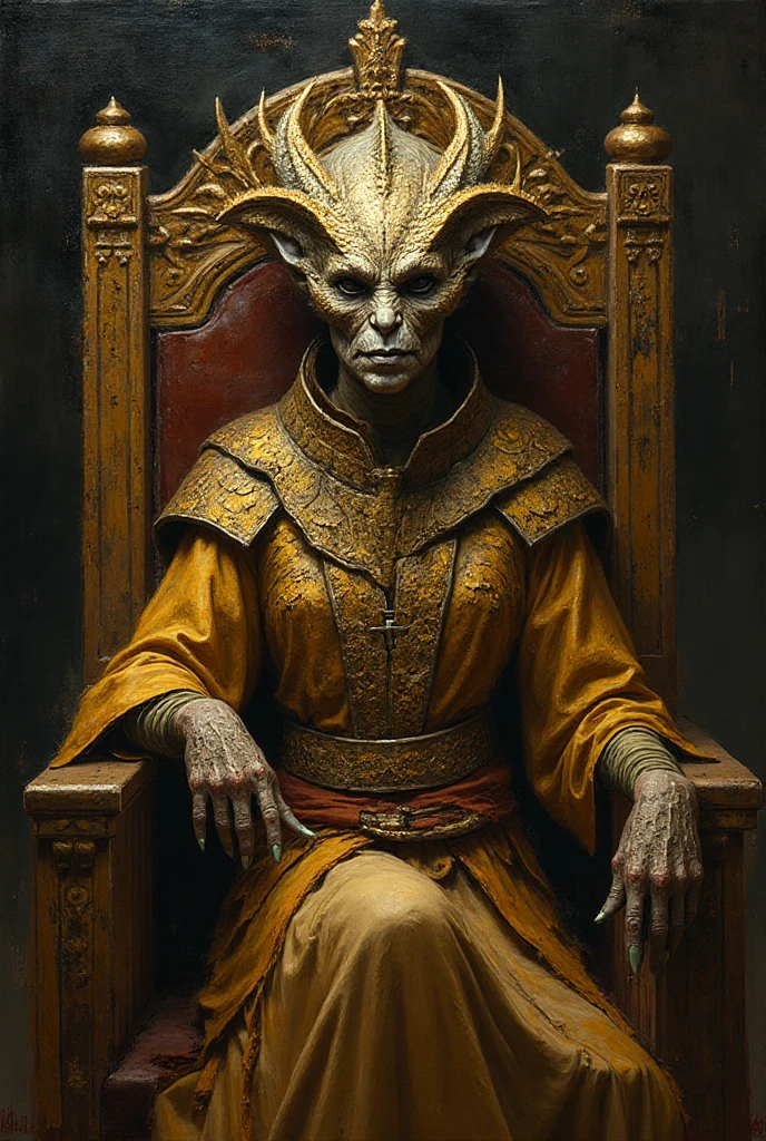 A realistic oil painting of a golden old female draconid, with shiny ...