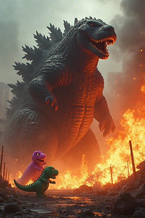 Godzilla vs barney baby bop fire - SeaArt AI