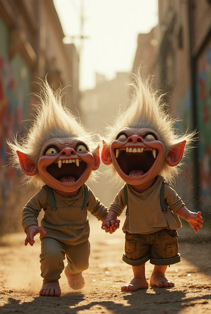 Two troll-like characters laugh joyfully, holding hands and swaying ...