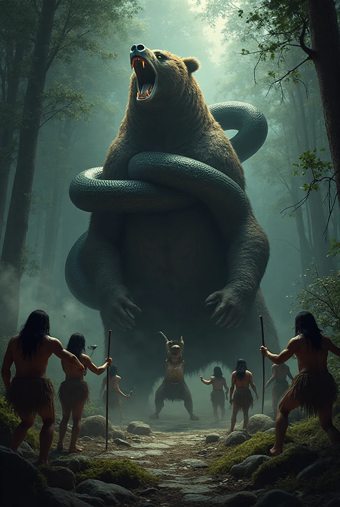 An epic, dramatic fantasy scene set in a dense, misty, primeval forest ...