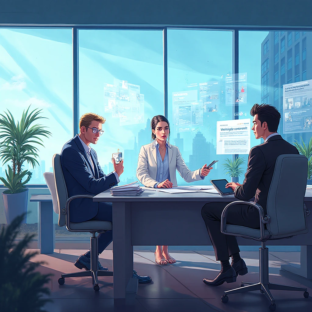 Anime style illustration, luxurious indoor office filled with daylight ...