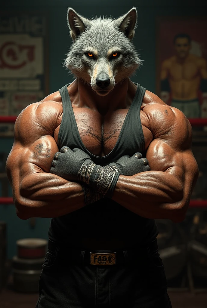 A muscular anthropomorphic wolf-man boxing coach with graying fur at ...