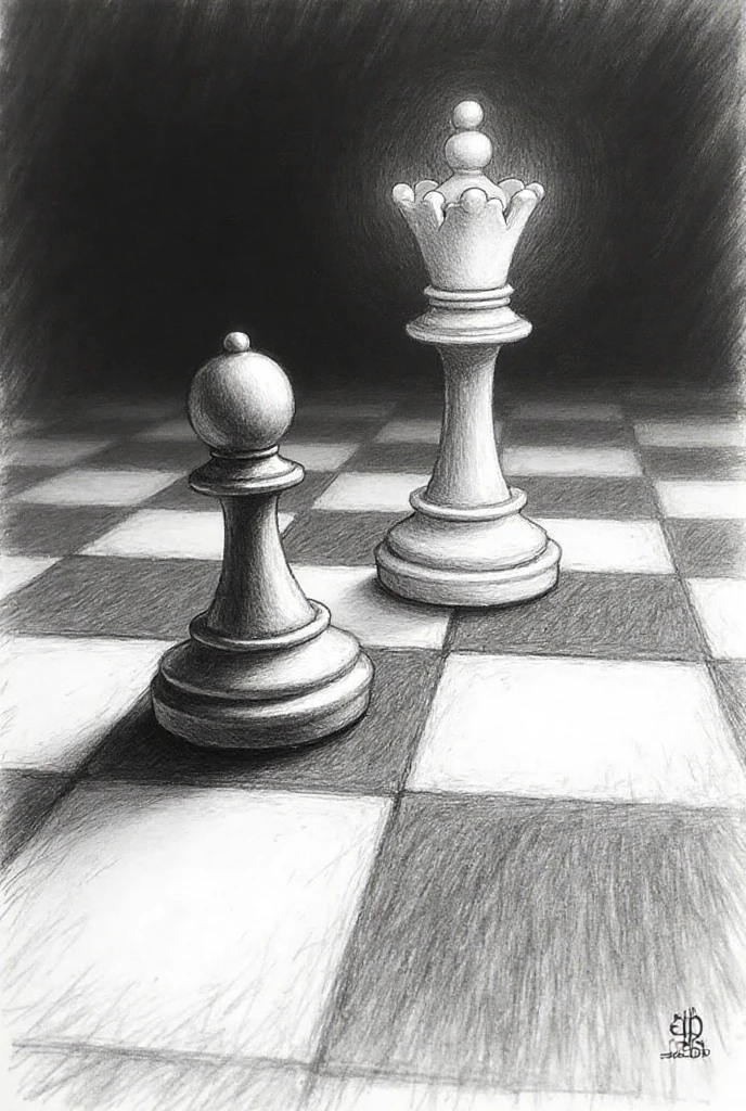 Realistic pencil sketch in black and white of a chessboard showing a ...