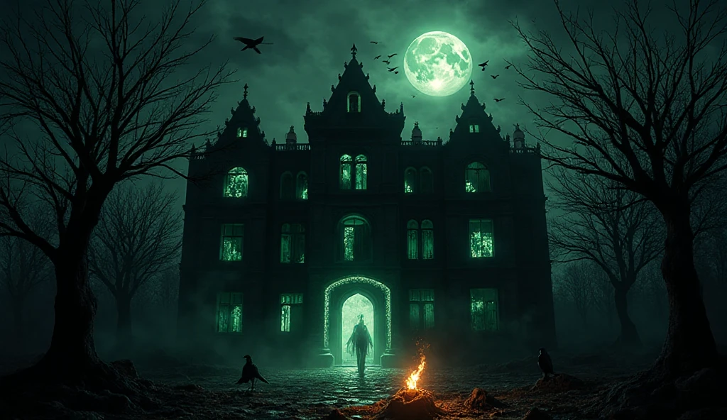 A dark ancient haunted palace at night under a full moon, broken ...
