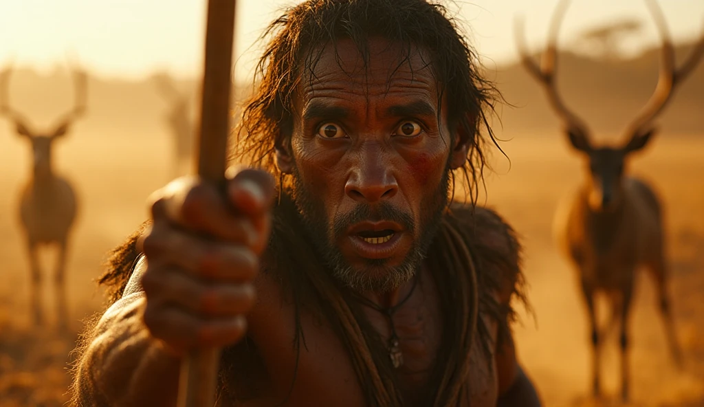 “Epic cinematic close-up of a fierce Homo erectus hunter in ragged ...