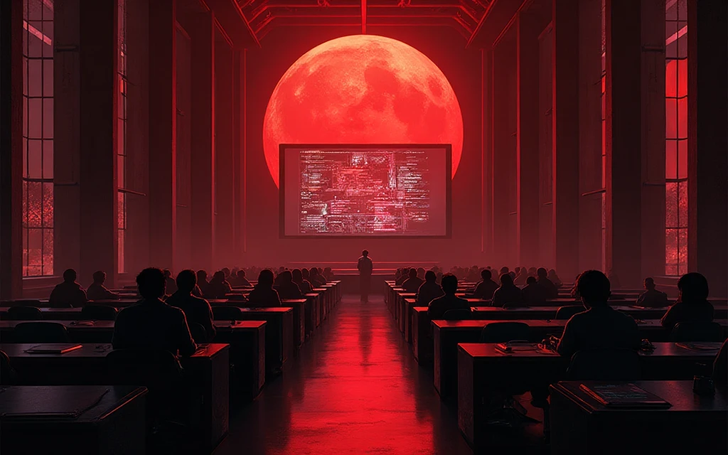 A captivating vertical shot inside a futuristic university lecture hall ...
