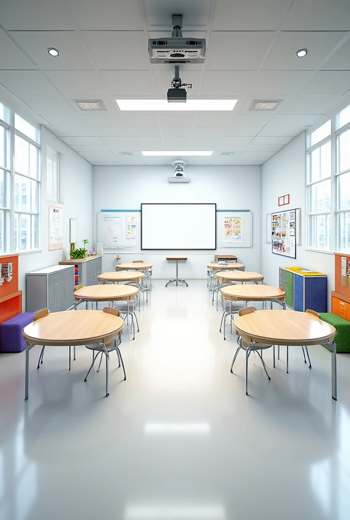 Hyper-realistic 3D render of a fully modern and technological classroom ...