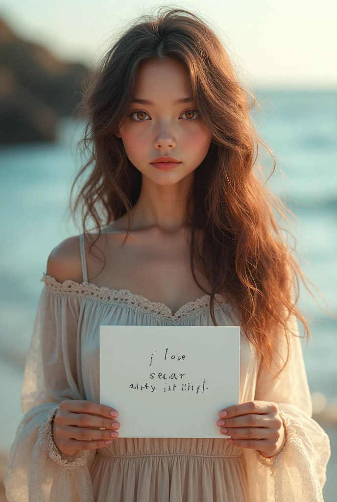 Beautiful girl with wavy long hair in a bohemian dress, holding a white ...