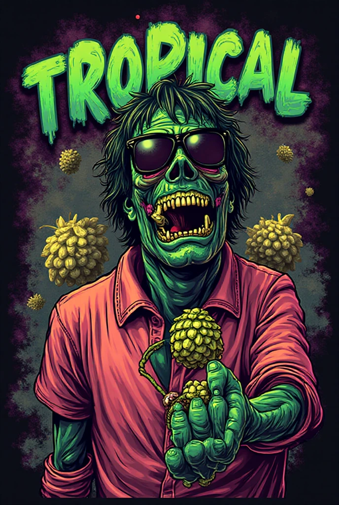 Create a beer label written TROPICAL ZUMBI with the letters in neon ...