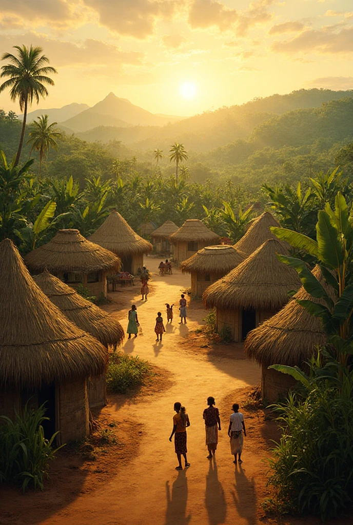 Village Scene "A Ugandan village in the early 1900s, with grass - SeaArt AI