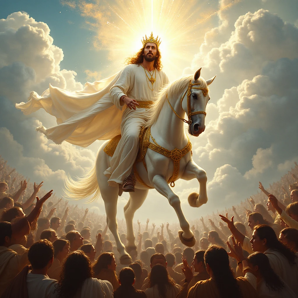 Jesus descends from the clouds, riding a pure white horse, whose ...