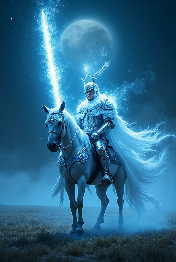 A magical knight in shimmering white armor with shimmering blue details ...