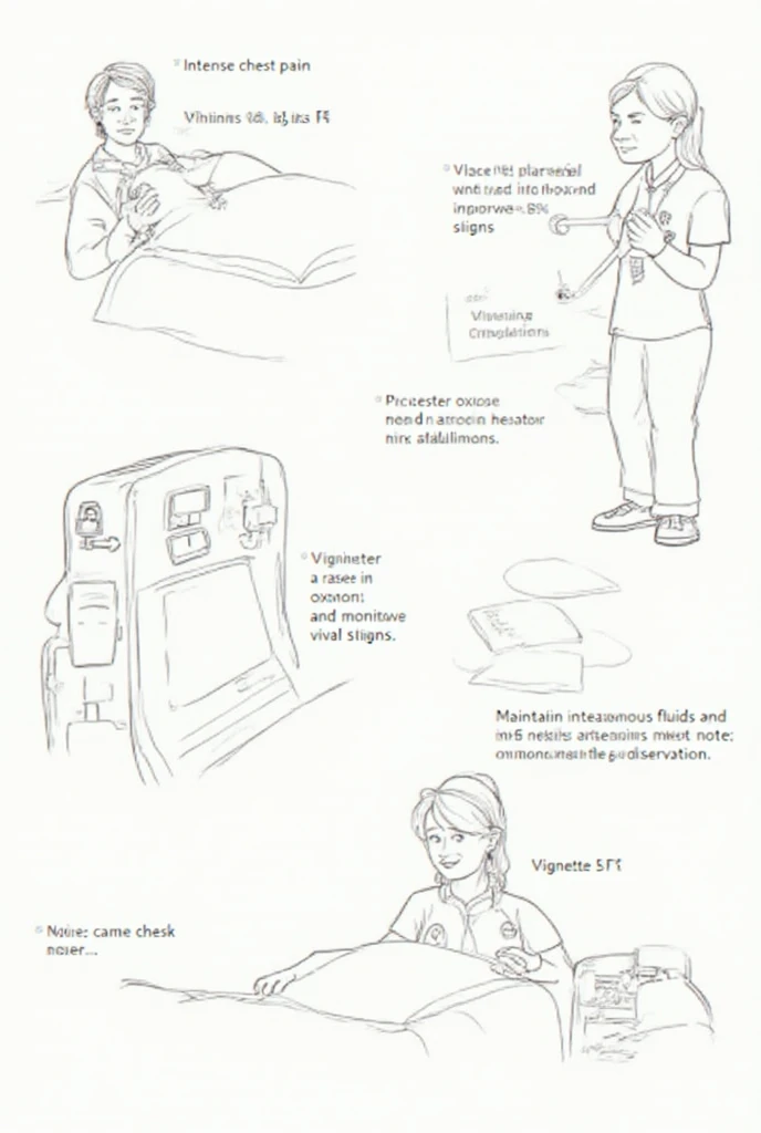 I need a cartoon Vignette 1: Patient in bed with chest pain gesture ...