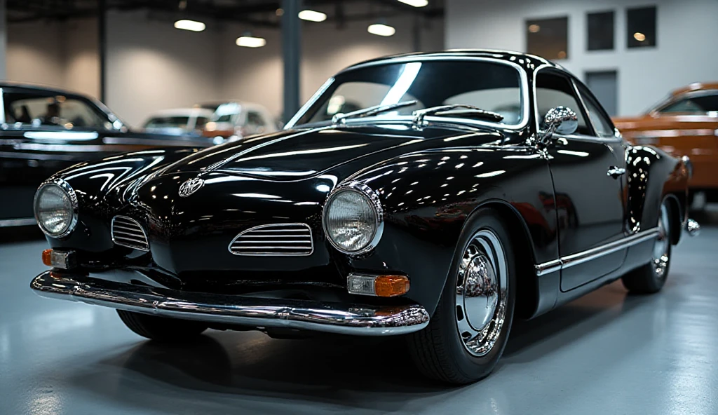 A sleek black Volkswagen Karmann Ghia restomod seen from the front ...