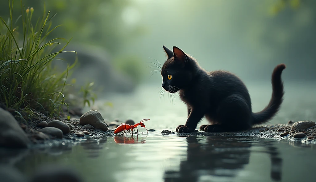 Cat is watching red ant in riverside realistic photo - SeaArt AI