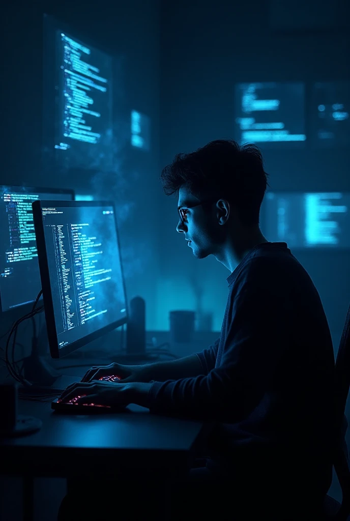A young male software engineer in a dark room, sitting at his PC ...