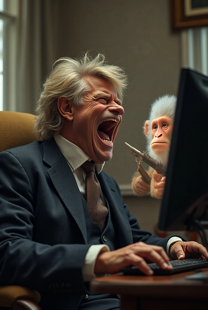A brittish man laughing hysterically at a picture of a monkey holding a ...