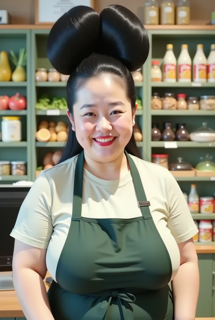 ((A , light-skinned woman, mid-30s, stands behind a grocery store ...