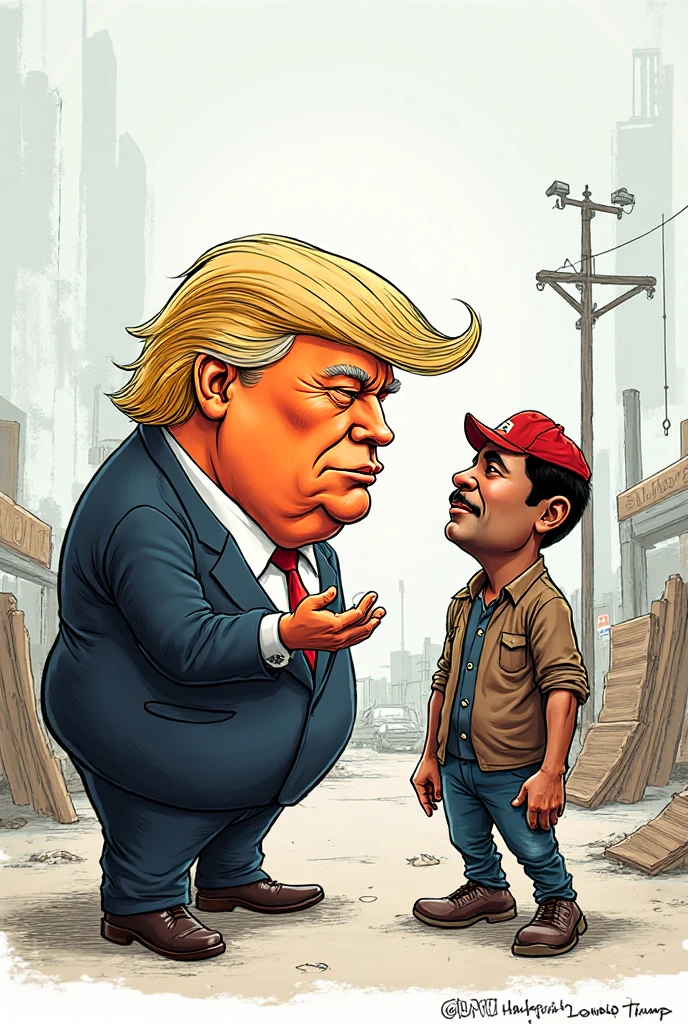 Make a critical cartoon of Donald Thump asking a Latino for help ...