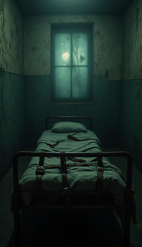 The Restraints "Dimly lit asylum patient room, rusty bed with leather ...