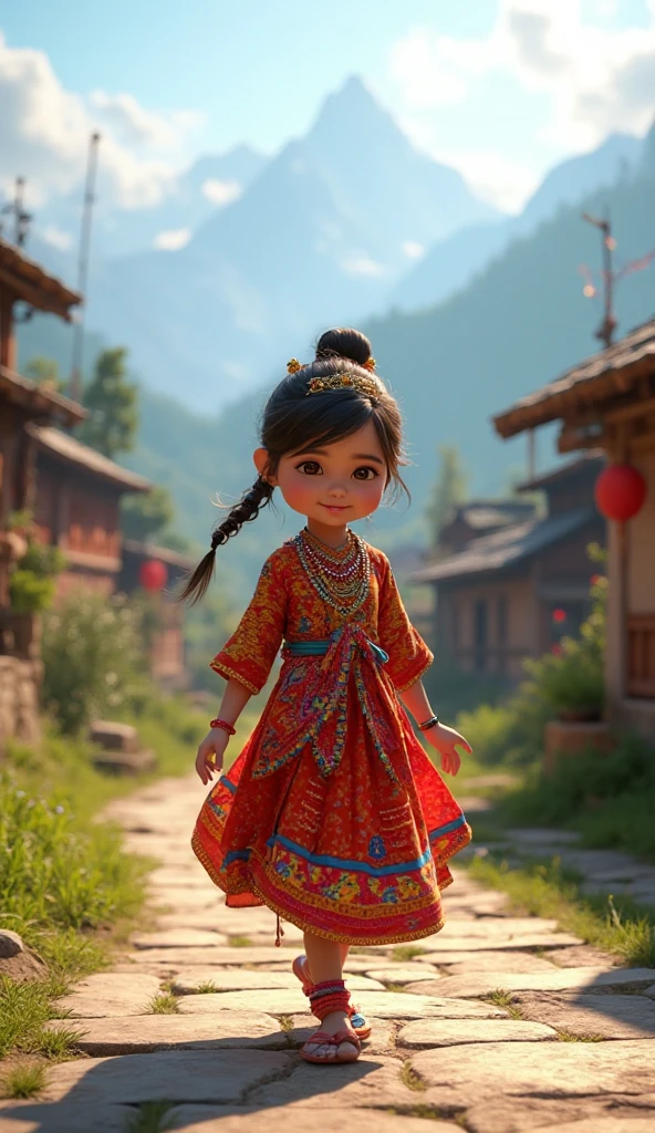 "A beautiful young Nepali girl walking gracefully on a stone pathway in ...
