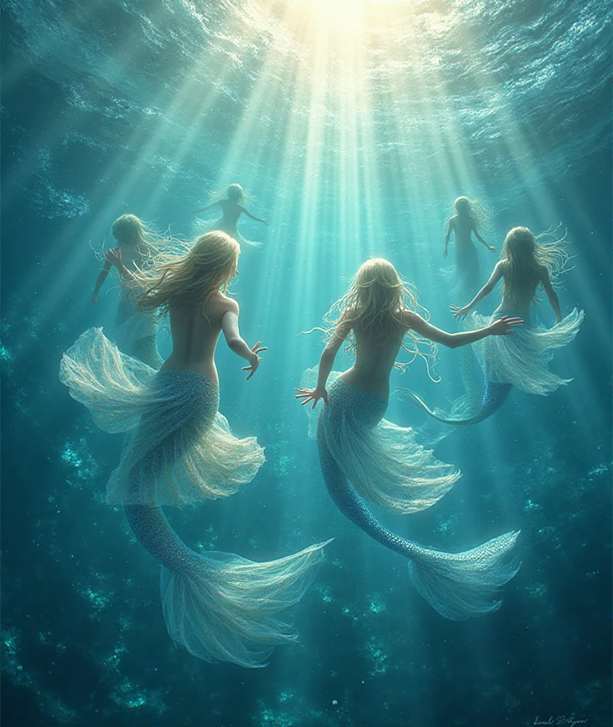 Mermaids dance in the ocean,the surface of the sea with light shining ...