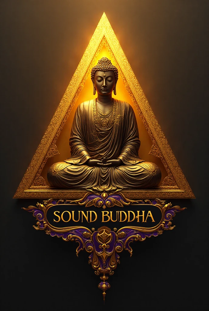 Create a golden triangular logo with a Buddha in the center with the ...
