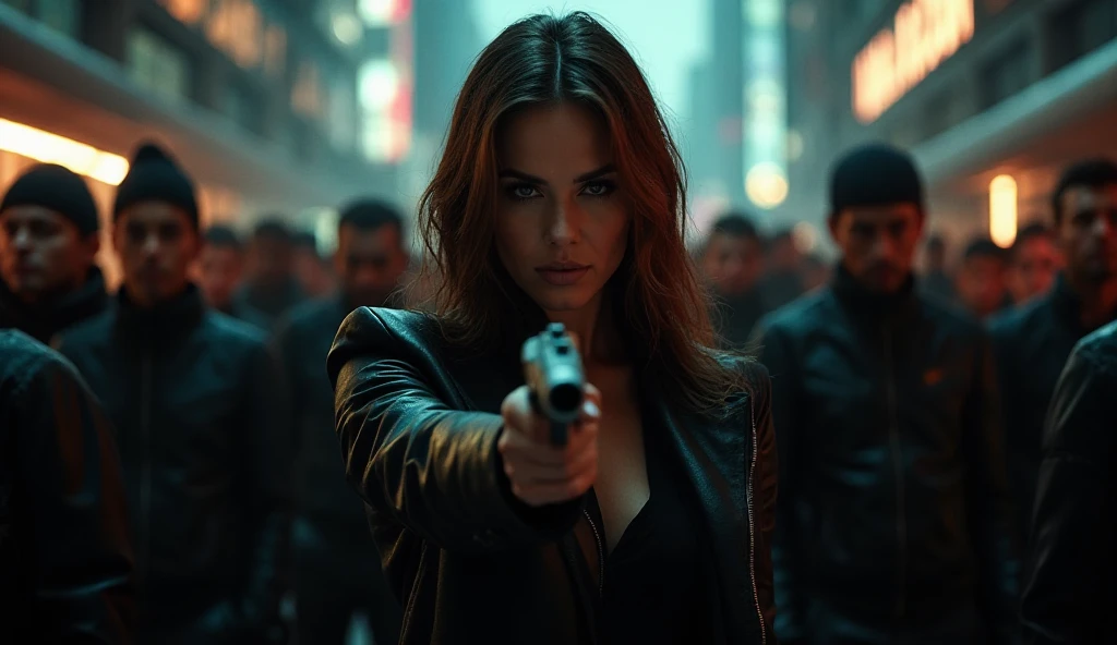 Cinematic spy thriller scene, a confident bold female spy holding a gun ...