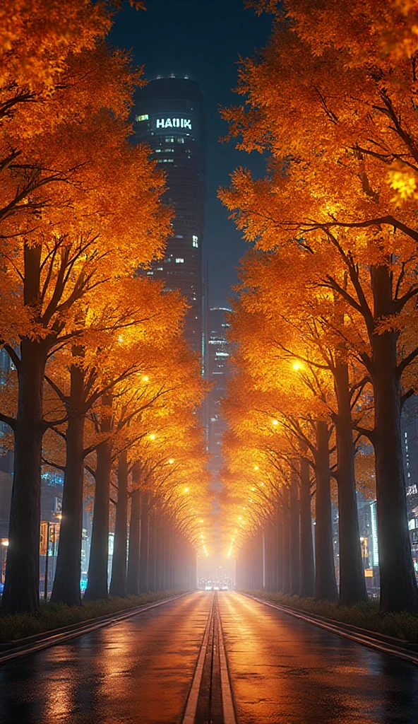 Fantastic Realistic Footage night A row of autumn ginkgo trees in the ...