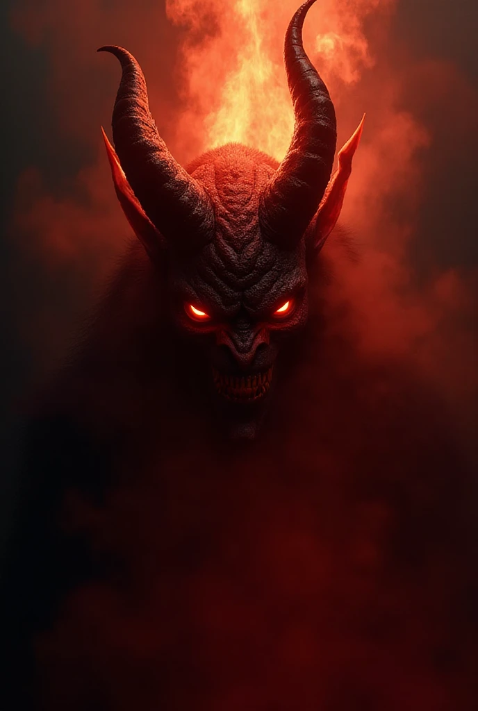 "Dramatic close-up of a burning red demon, with horns and glowing eyes ...