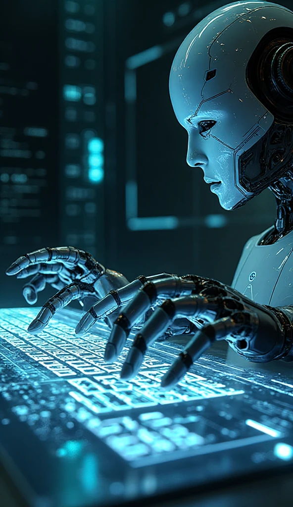 “robotic hands typing code on a holographic keyboard, binary numbers ...