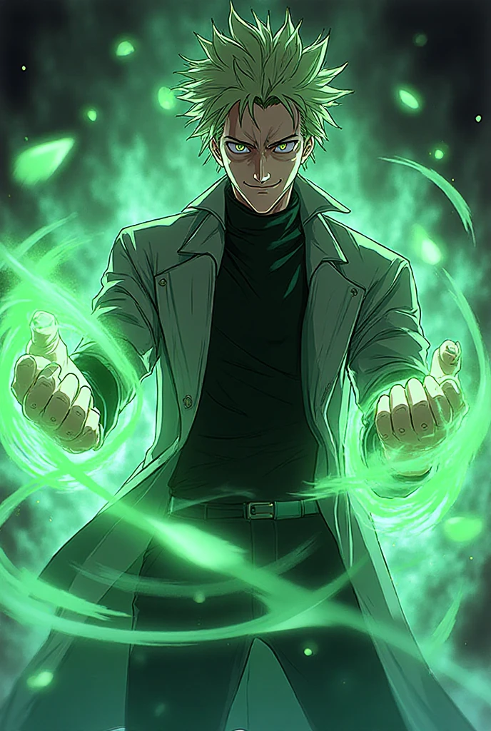“Hakari from Jujutsu Kaisen standing in a battle stance, glowing green ...