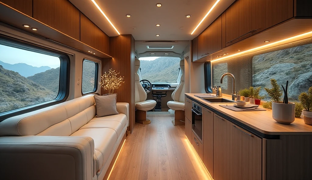 “Interior view of a 2026 BMW double-decker camper motorhome, showcasing ...