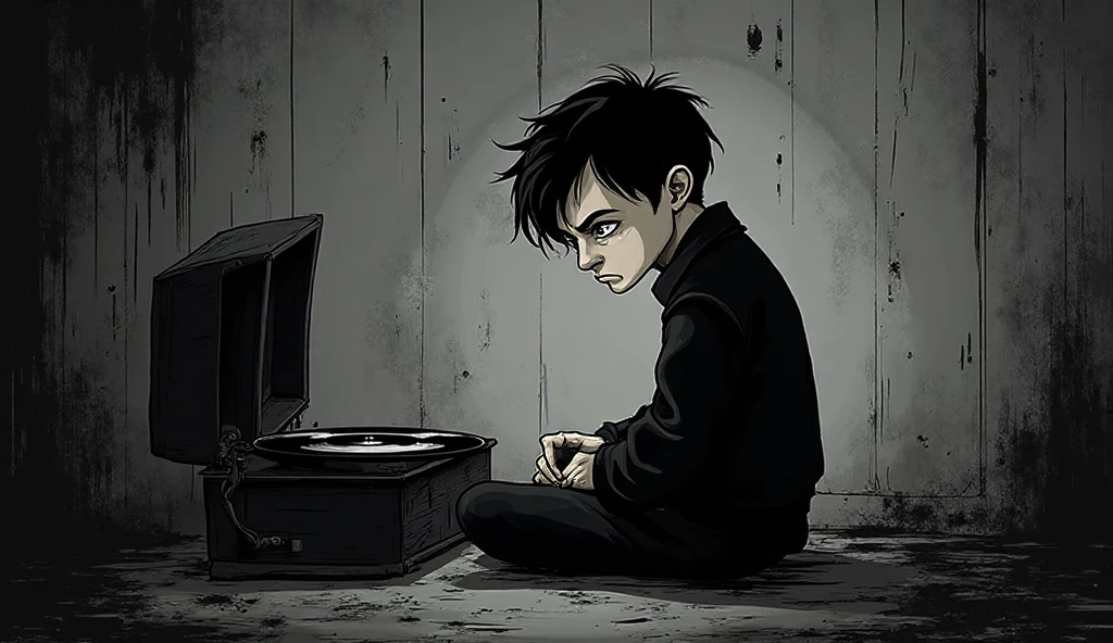 Black and white gothic cartoon illustration of a man sitting beside an ...