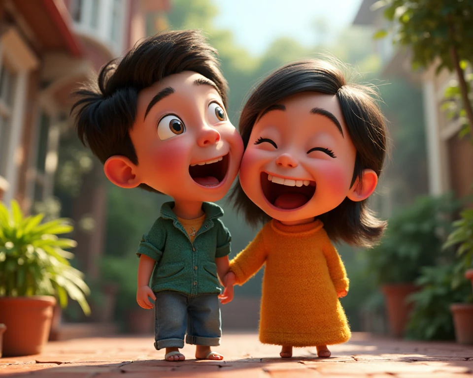 The 2 friends are laughing too much outside of home 3D Pixa Style ...