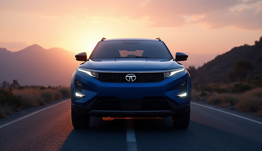 "Futuristic Tata Sierra SUV parked on a mountain road during sunset ...