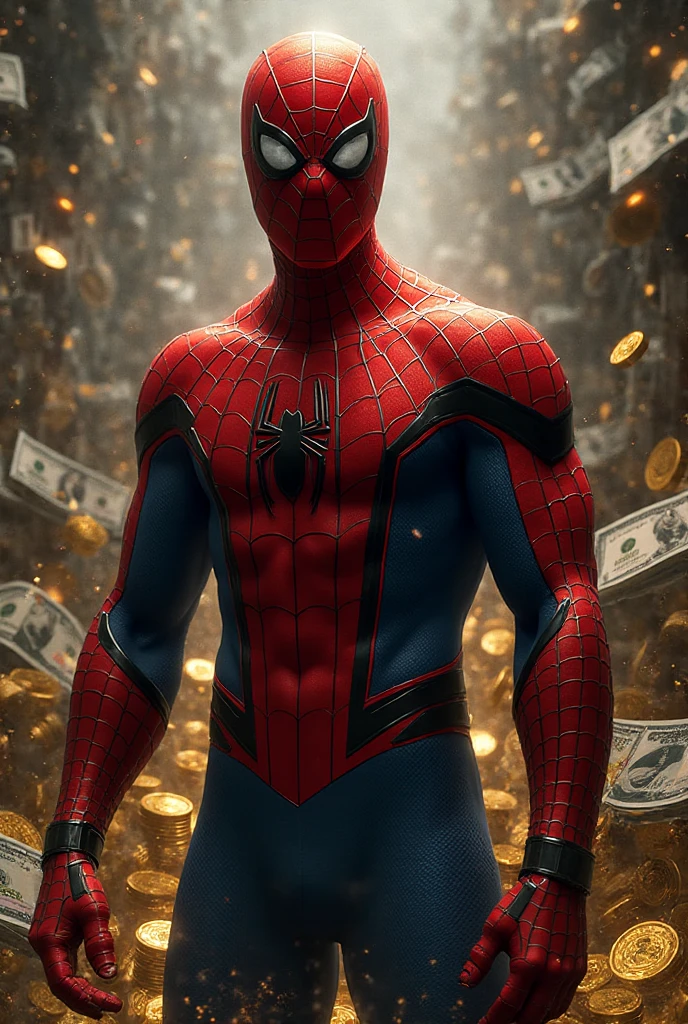 Photo of a spiderman with money in the background - SeaArt AI