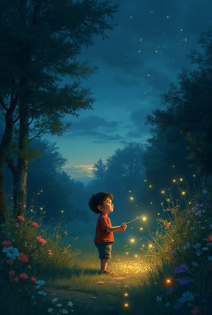 A boy comes to hunt fireflies in a quiet garden at dusk, with distant ...