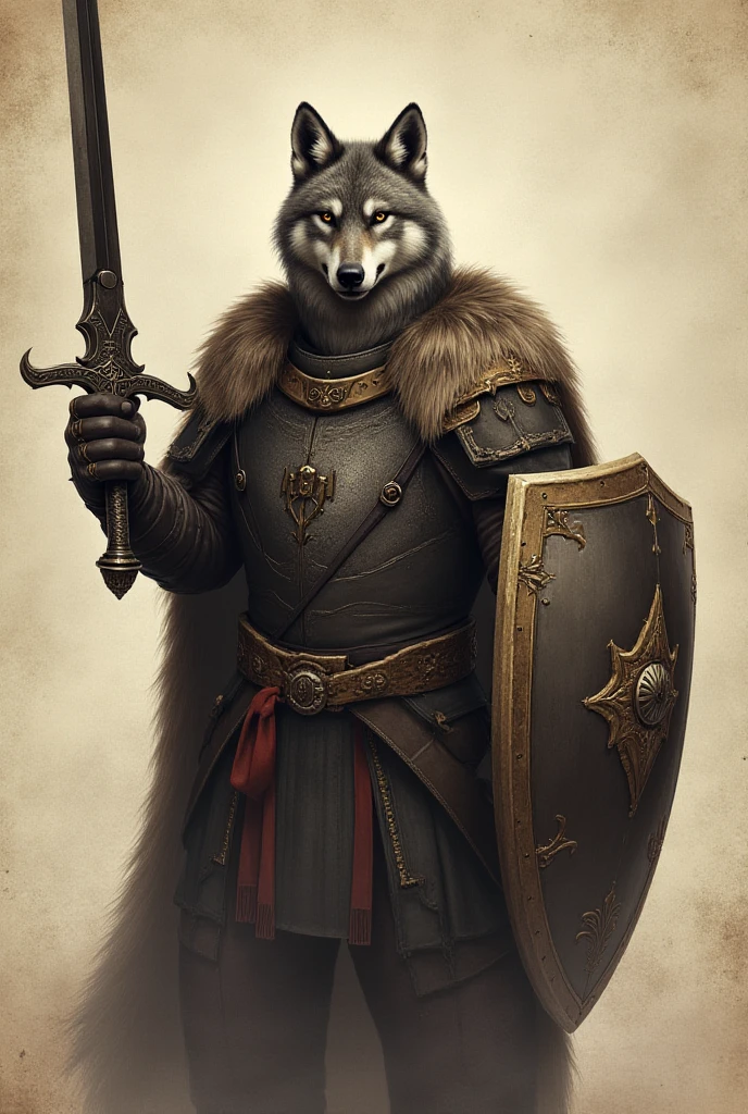 There's a poster with a wolf holding a sword and a shield, inspired by ...