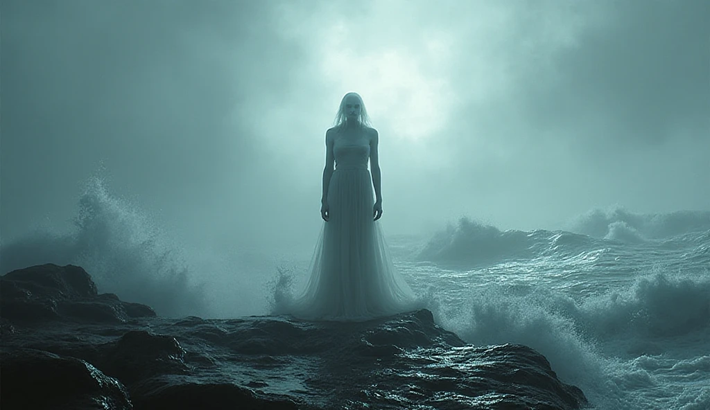Pale human-like figure standing on wet rocks near crashing waves ...