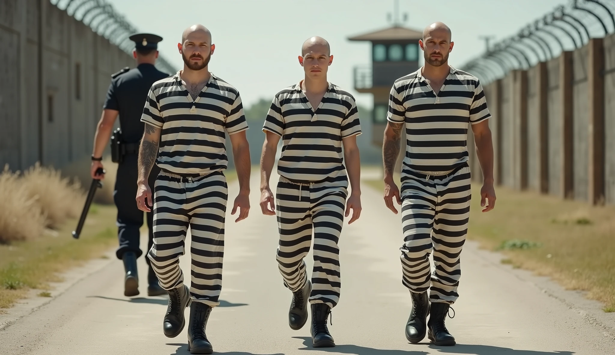 Ultra high resolution fullbody photo of three very different young bald ...