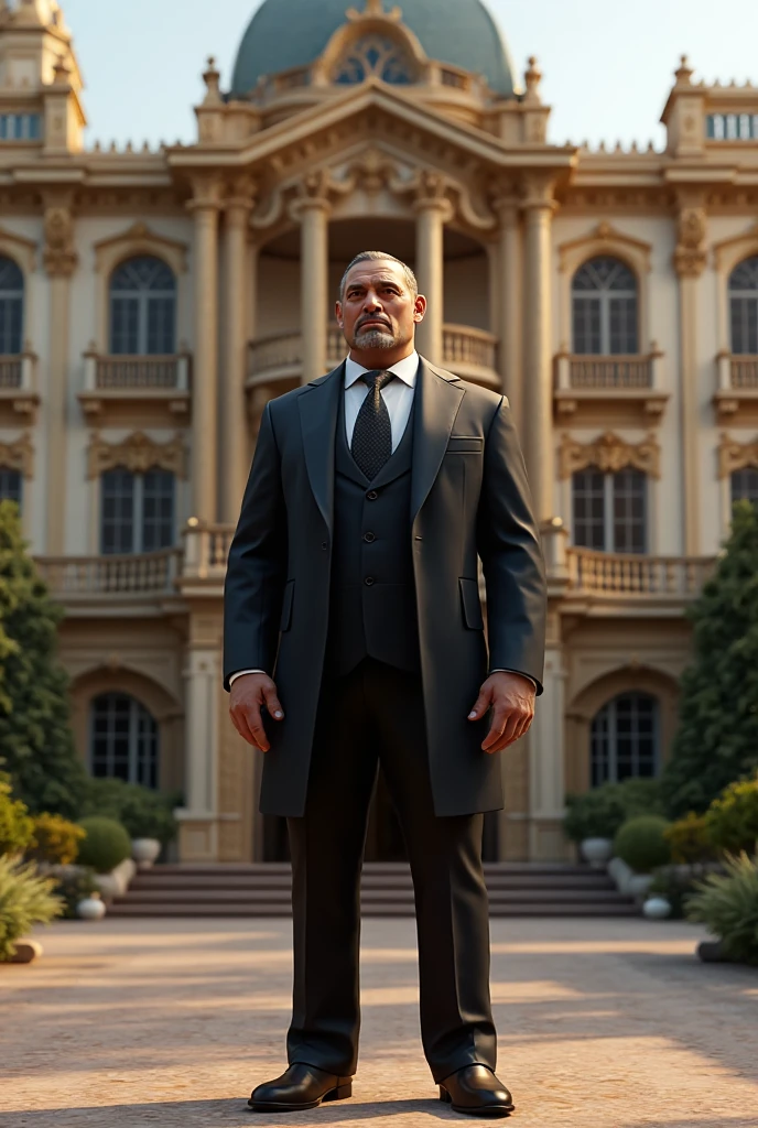 Create an 3d animation picture of an rich man standing outside a luxury ...