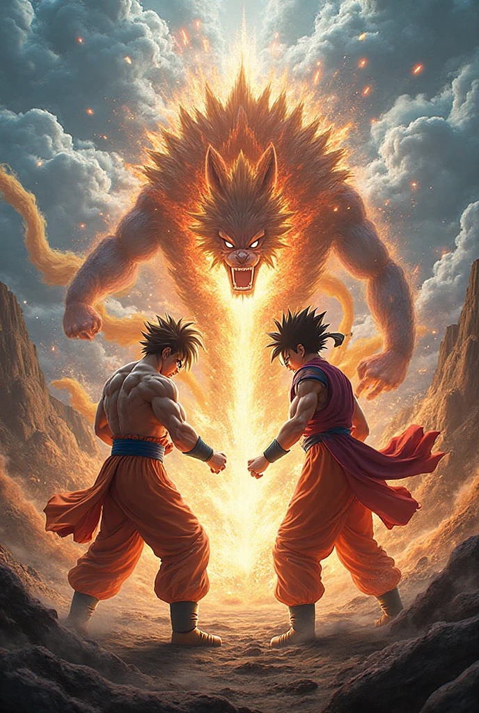 Goku fighting Naruto and the nine-tailed fox - SeaArt AI