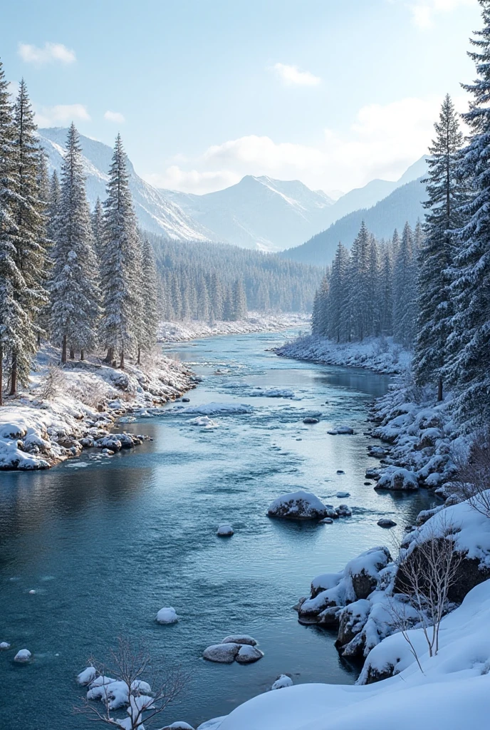 Winter landscape of the coniferous taiga with snow-capped hills - SeaArt AI