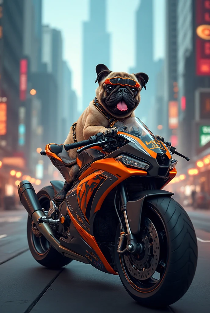 Draw a pug dog sitting on a racer tourist 200 motorcycle - SeaArt AI
